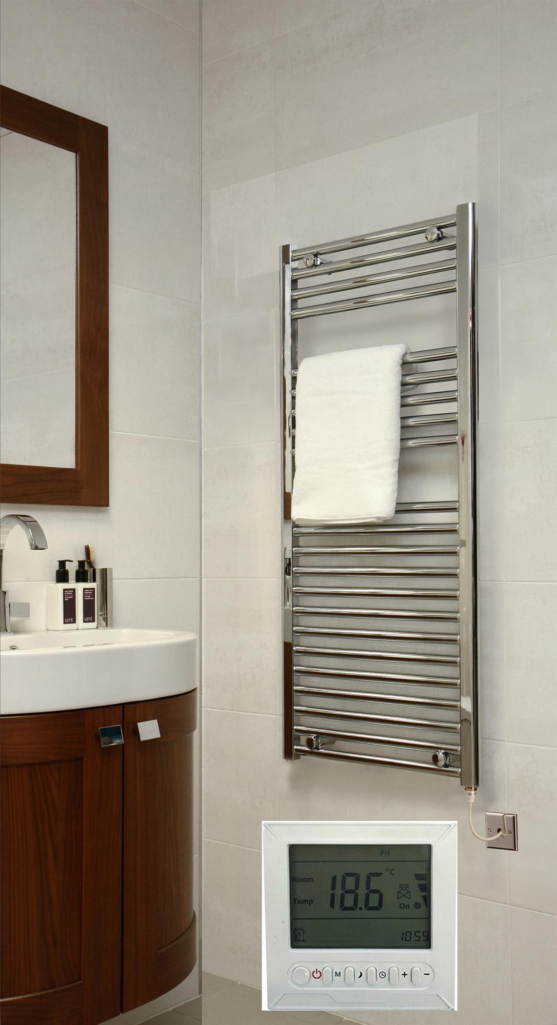 EXTRA HIGH HEAT OUTPUT CHROME ELECTRIC CURVED TOWEL RAIL + TIMER / ROOM ...